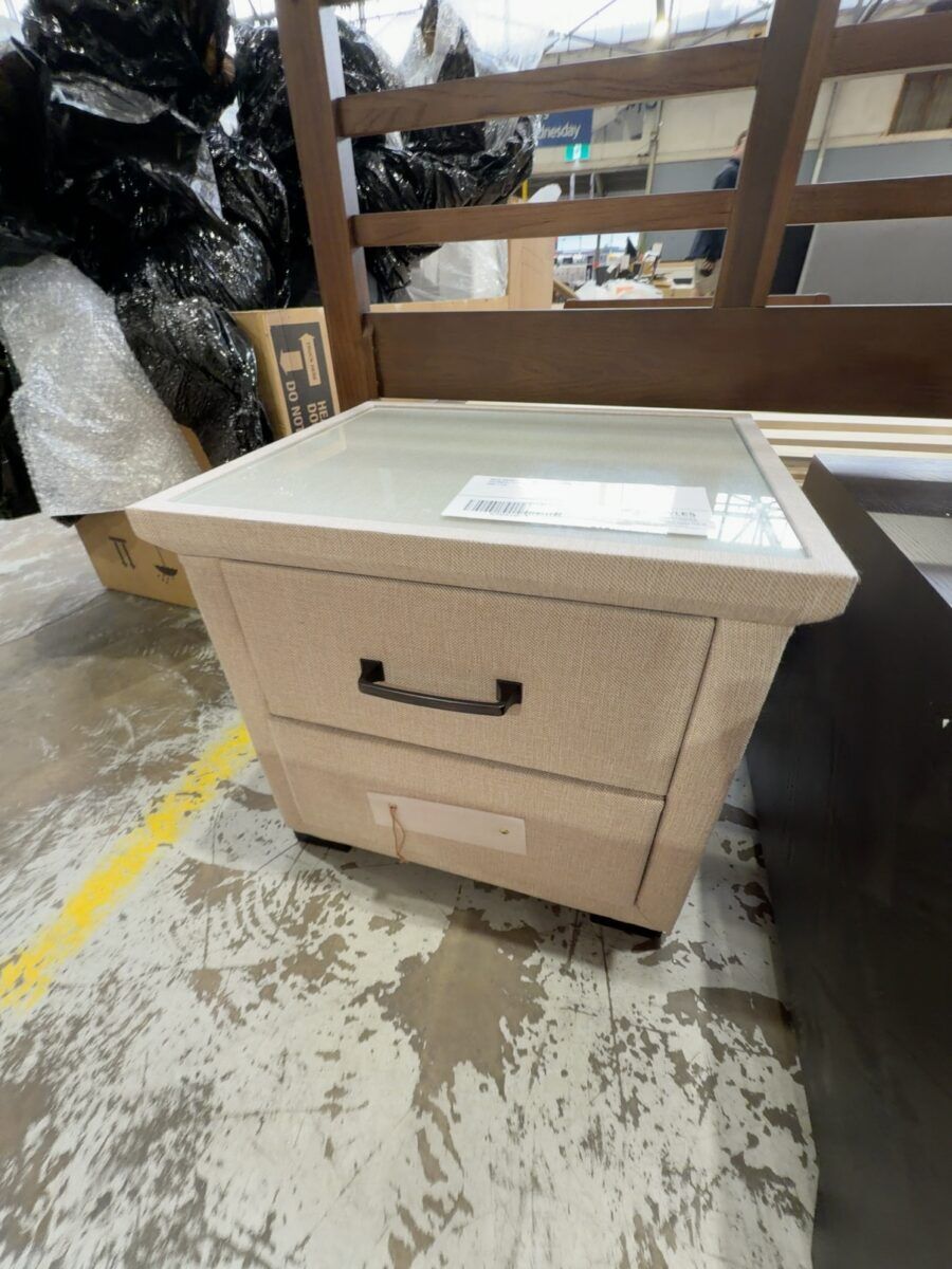 NEW MEMPHIS 2 DRAWER BEDSIDE TABLE, OATMEAL FABRIC WITH GLASS TOP ...