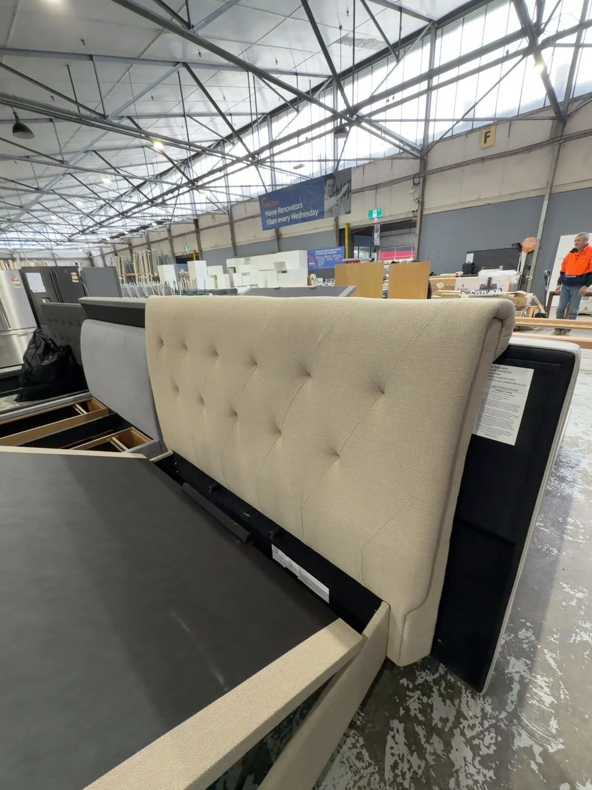 NEW ELEVATION QUEEN BEDFRAME, WARWICK FABRIC - ALMOND, SCROLLED ...