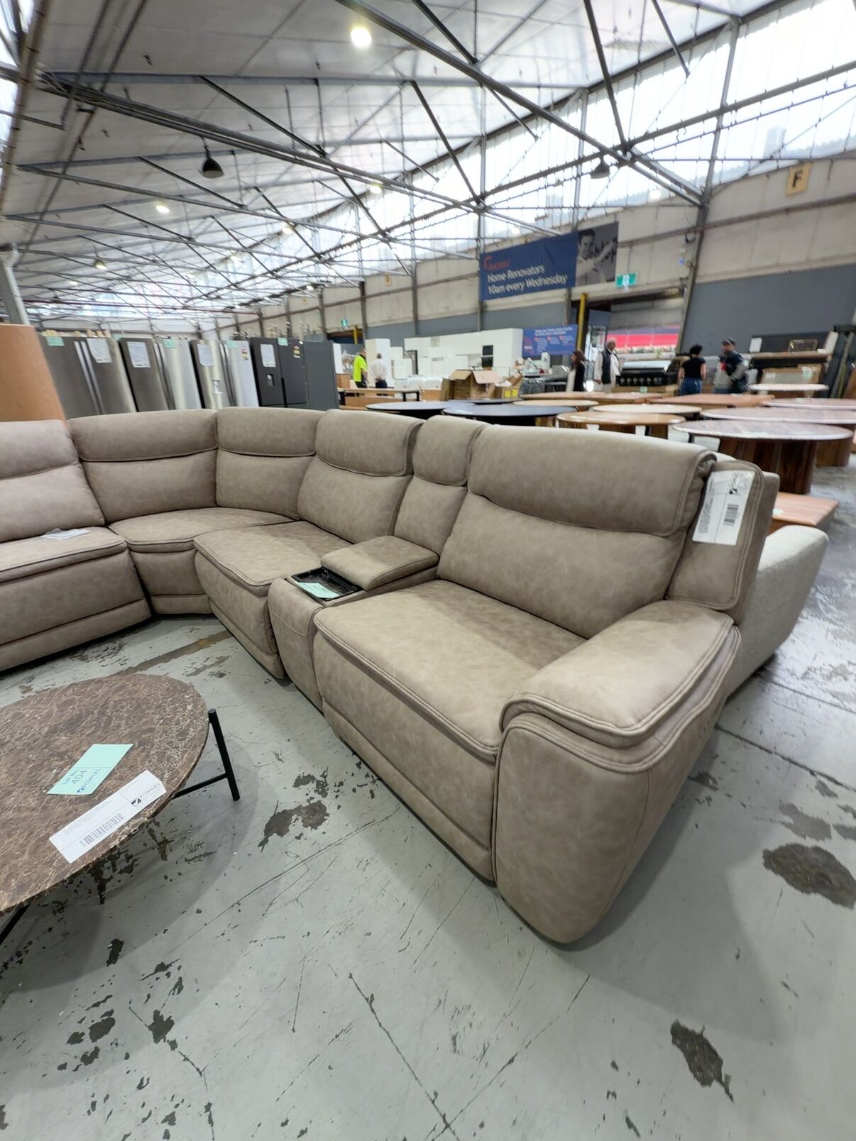 EX DISPLAY BOND LATTE FABRIC CORNER COUCH WITH TECH STORAGE CONSOLE ...