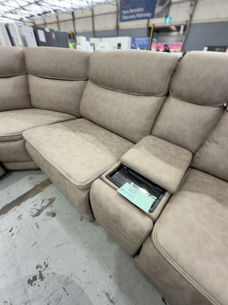 EX DISPLAY BOND LATTE FABRIC CORNER COUCH WITH TECH STORAGE CONSOLE ...