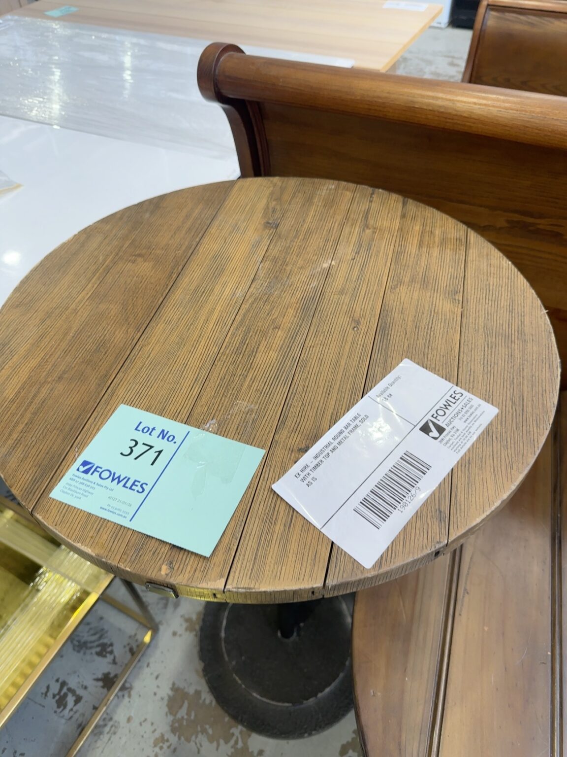 EX HIRE - INDUSTRIAL ROUND BAR TABLE WITH TIMBER TOP AND METAL FRAME ...