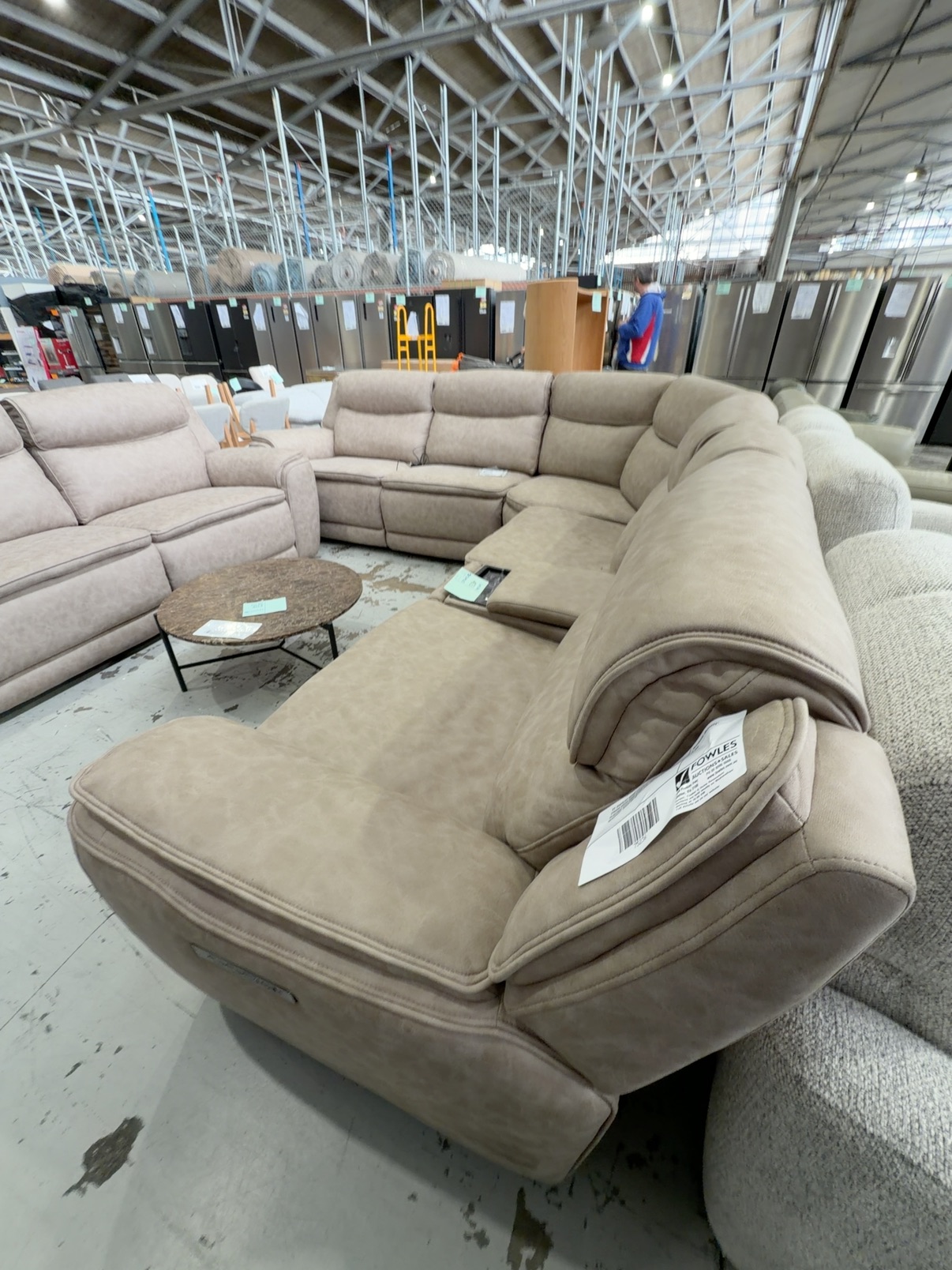 EX DISPLAY BOND LATTE FABRIC CORNER COUCH WITH TECH STORAGE CONSOLE ...