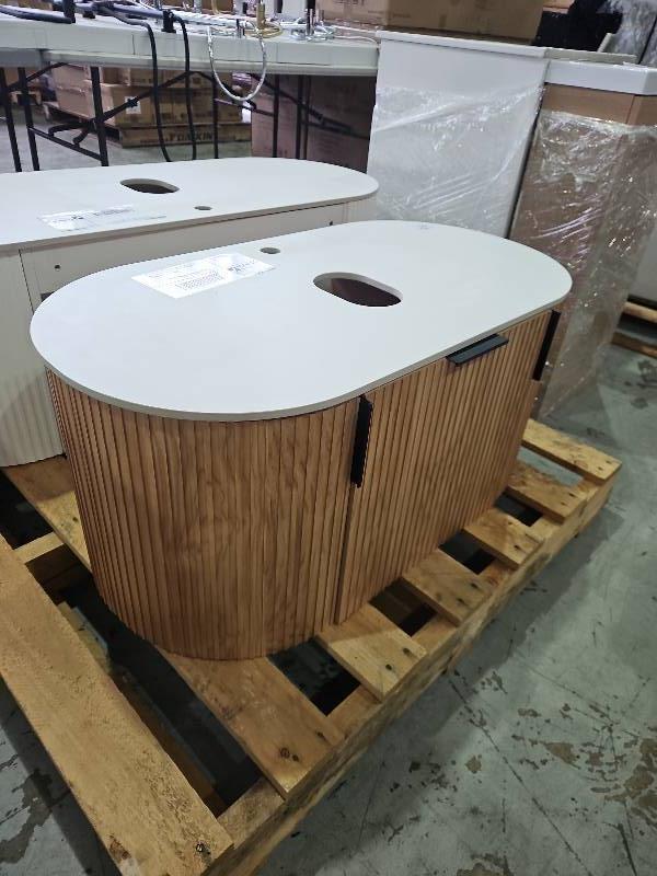 EX SHOWROOM DISPLAY 900MM OAK FLUTED WALL HUNG CURVED VANITY WITH WHITE ...